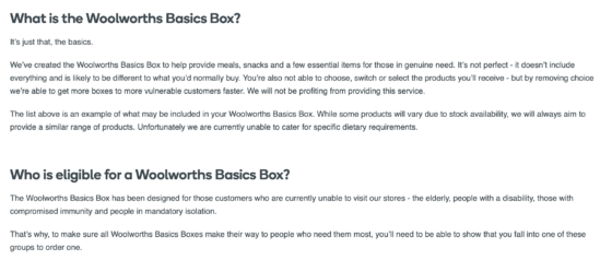 Woolworths Basics Box Delivery – Kokatha