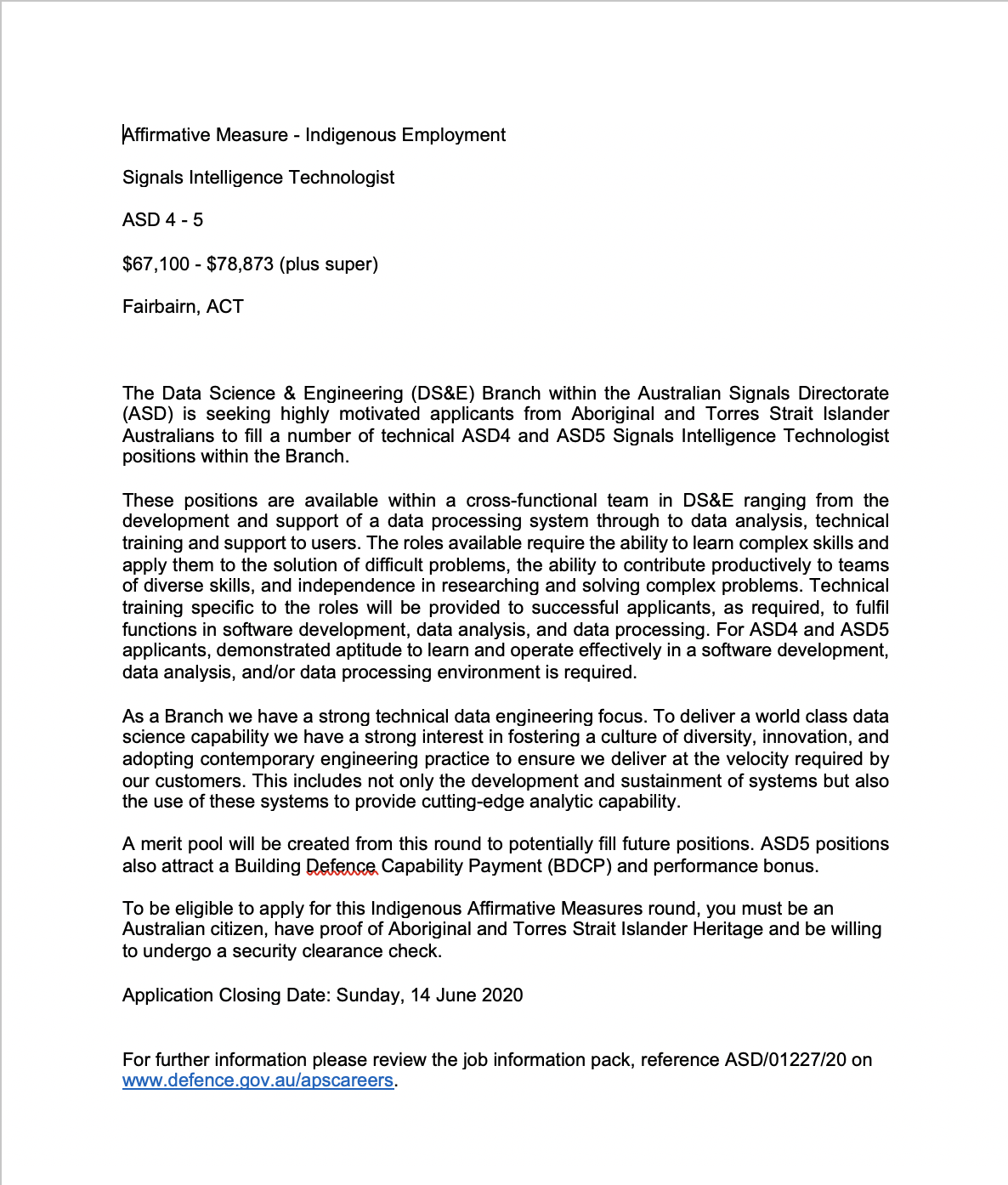 Job Alert – Department of Defence Signals Directorate – Kokatha