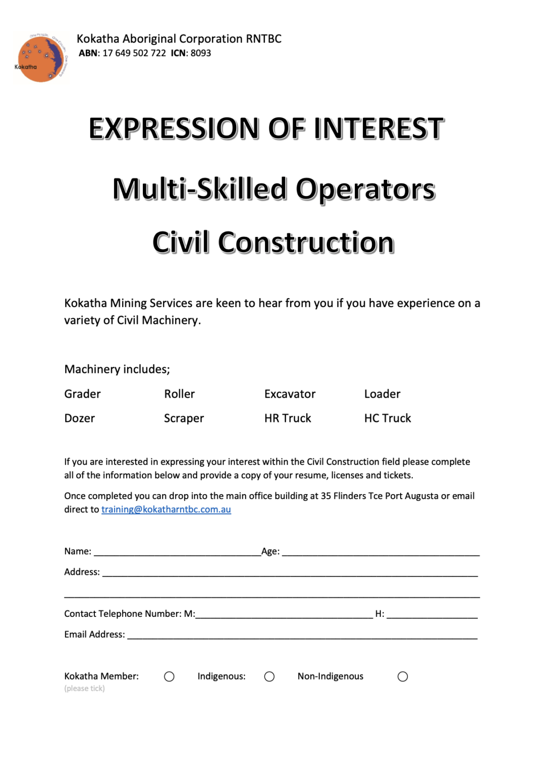 EOI for Multi-Skilled Operators Civil Construction – Kokatha
